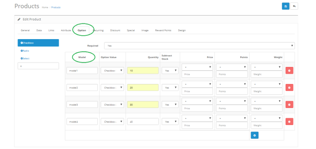 Opencart - Product Option Model