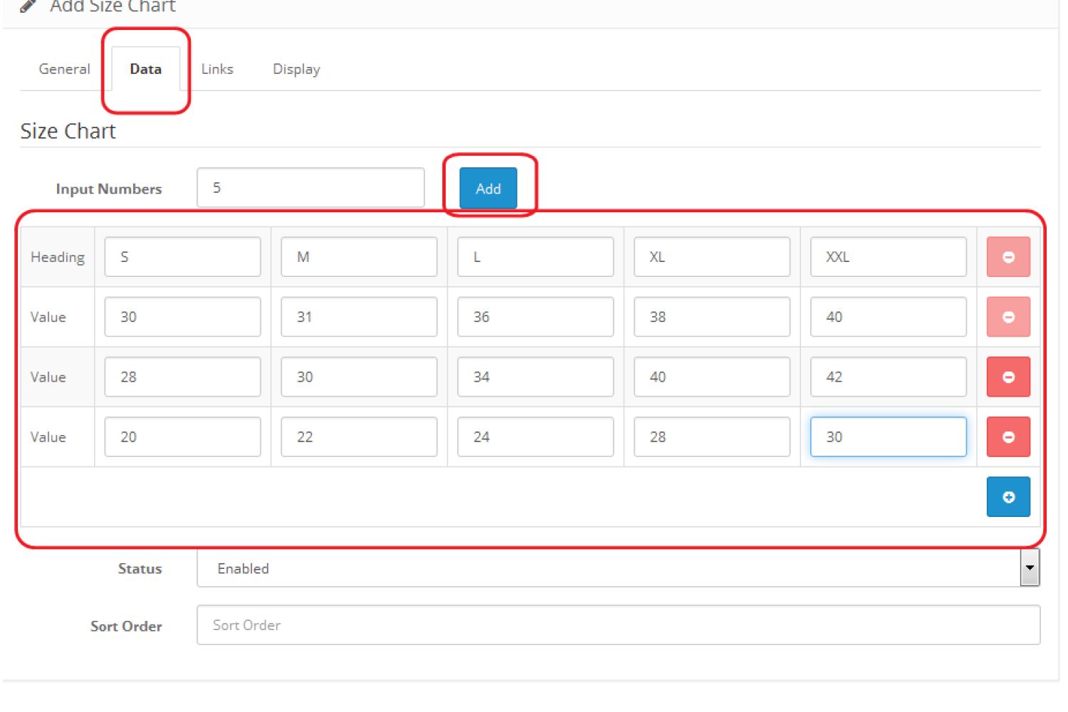 Opencart - Custom Size Chart